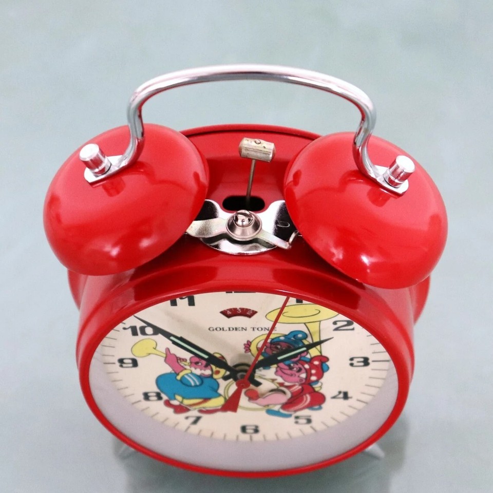 GOLDEN TONE Alarm Mantel TOP Clock SMURF Vintage ANIMATED Double Bells ...