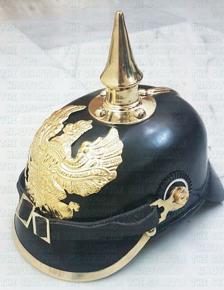 German Soldier Costume Leather Pickelhaube Helmet WW1 WW2 Eagle Spiked ...