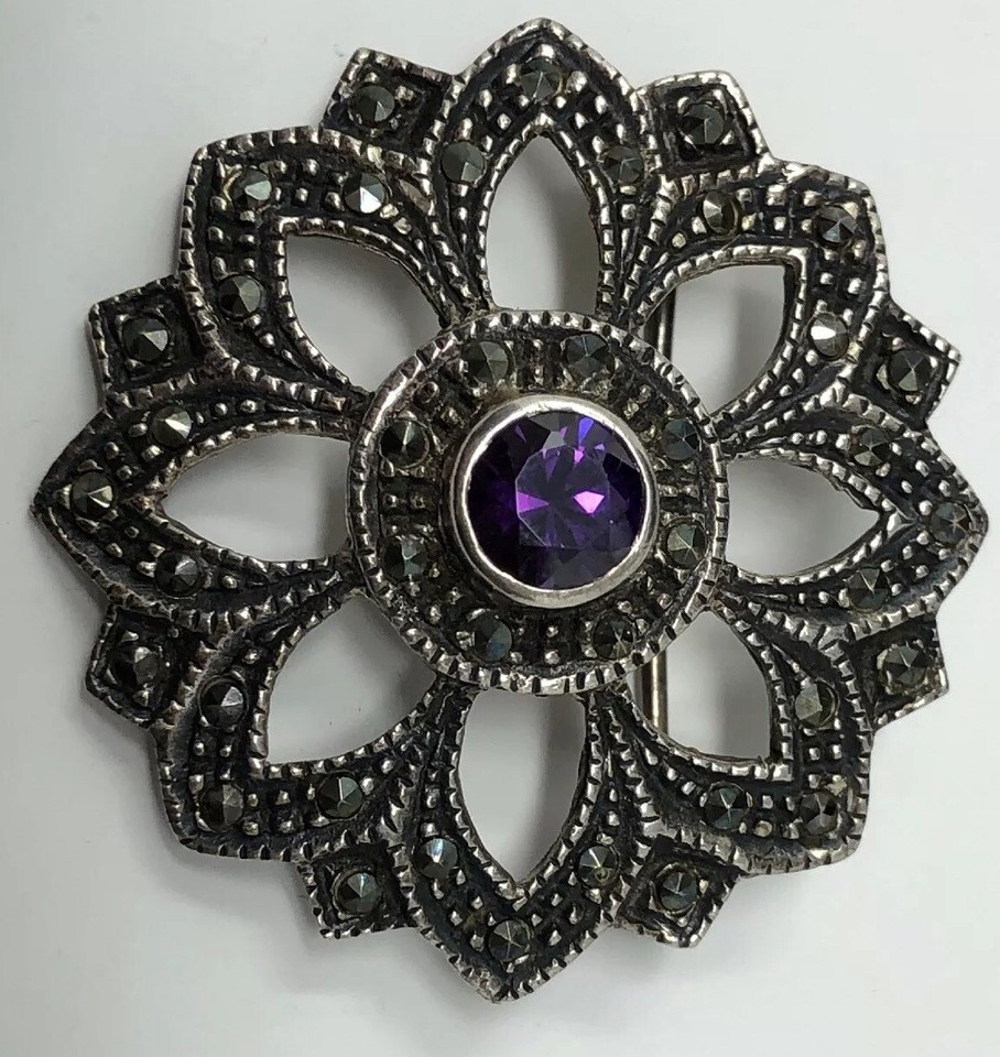 Pretty Vintage Amethyst 925 Sterling Silver Marcasite Brooch Flower ...
