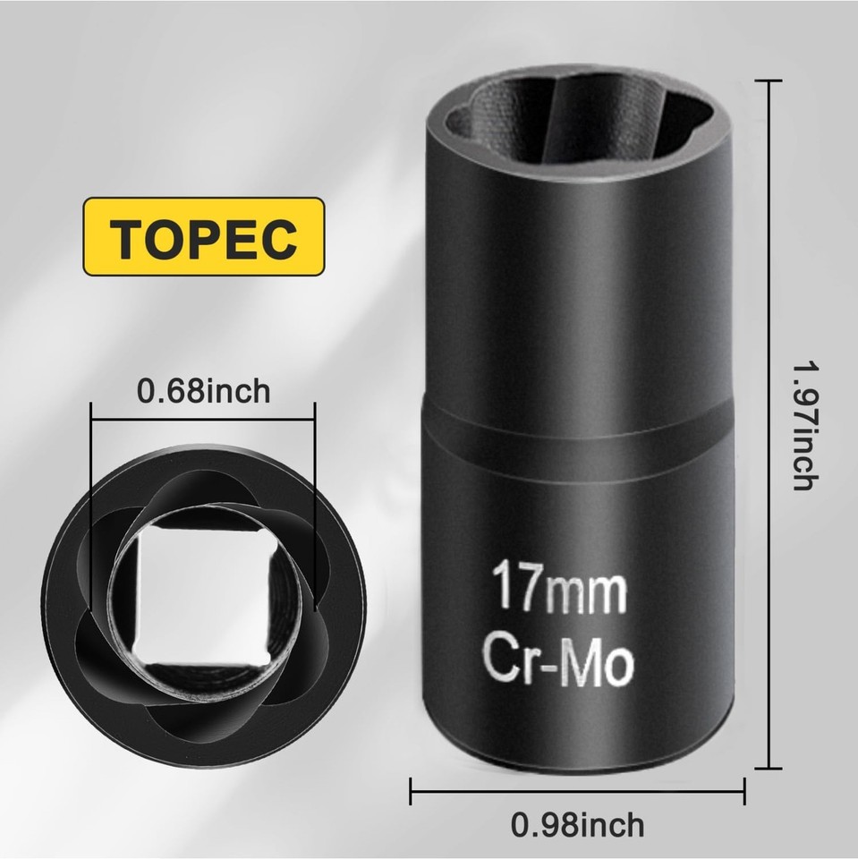 Topec 17mm Lug Nut Remover, Wheel Lock Removal Kit for Stripped Bolt ...