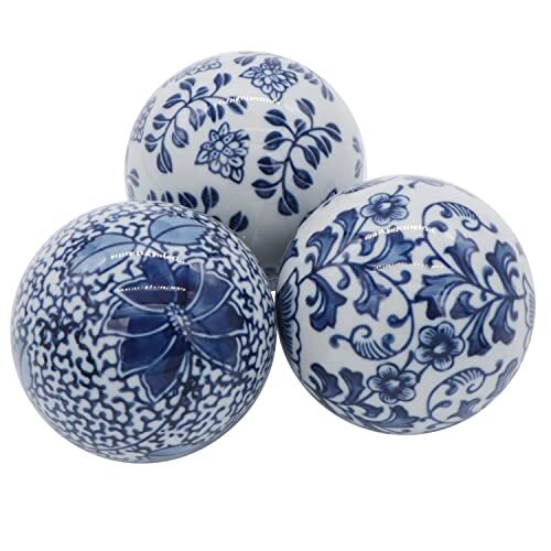 Set Of 3 Blue & White Porcelain Orbs Decorative Balls Ceramic Spheres ...