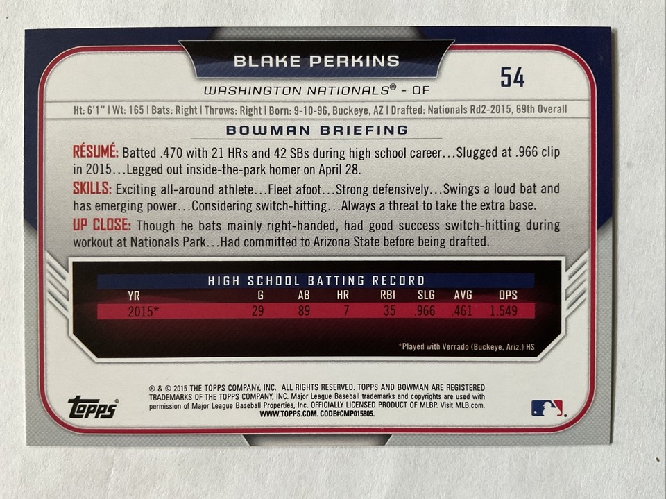 2015 Bowman Draft BLAKE PERKINS 1st Bowman Card RC Milwaukee BREWERS ...