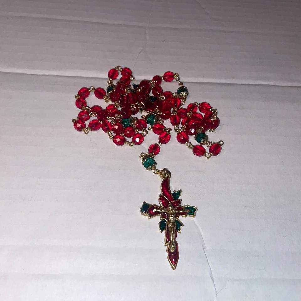 Vtg Catholic Christmas Poinsettia Rosary Crucifix Gold Tone w/ Red ...