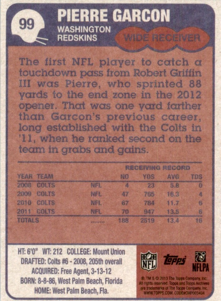 2013 Topps Archives Pierre Garcon Washington Redskins #99 NFL Football ...
