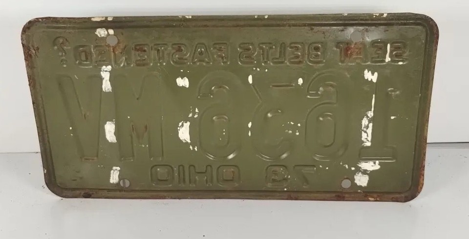 Vintage Ohio OH License Plate 1973 SEAT BELTS FASTENED? No. 1636 MV ...