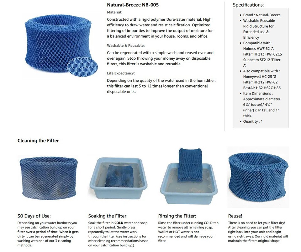 REUSABLE Humidifier Filter HWF62 Replaces H62 SF212 (A) Wick ...
