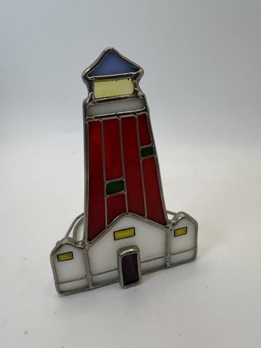 Lighthouse Stained Glass Tea Light Holder Nautical Beach Red And Blue ...