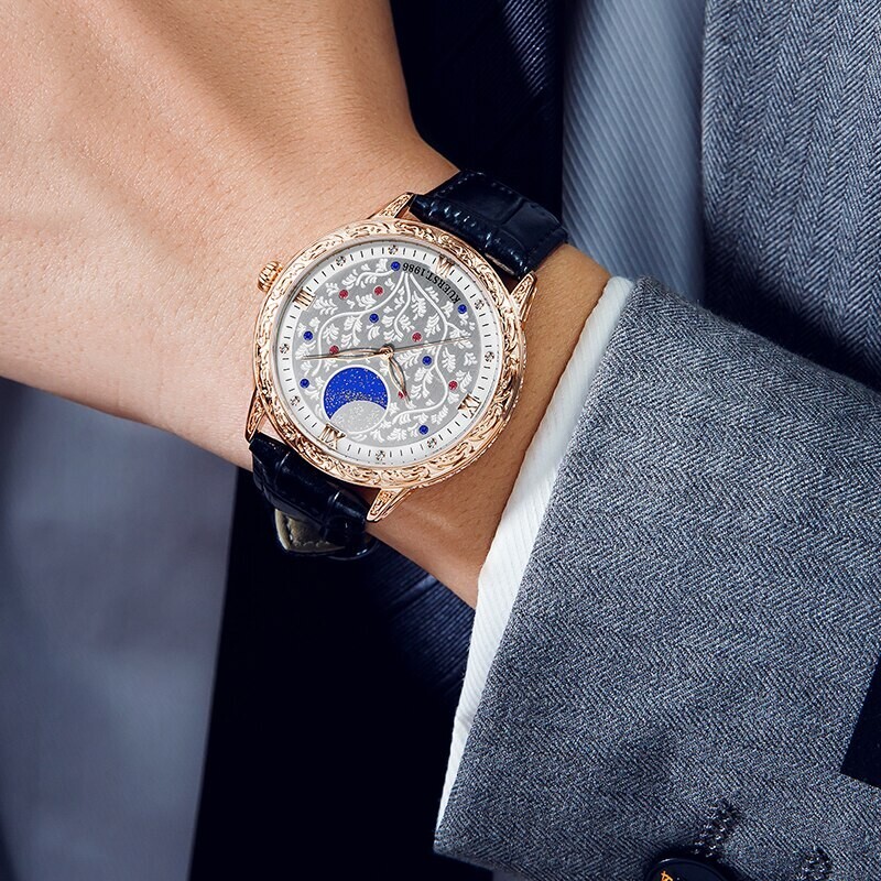 KUERST Silver Face Red & Blue Crystals Black Genuine Mens Leather Watch ...