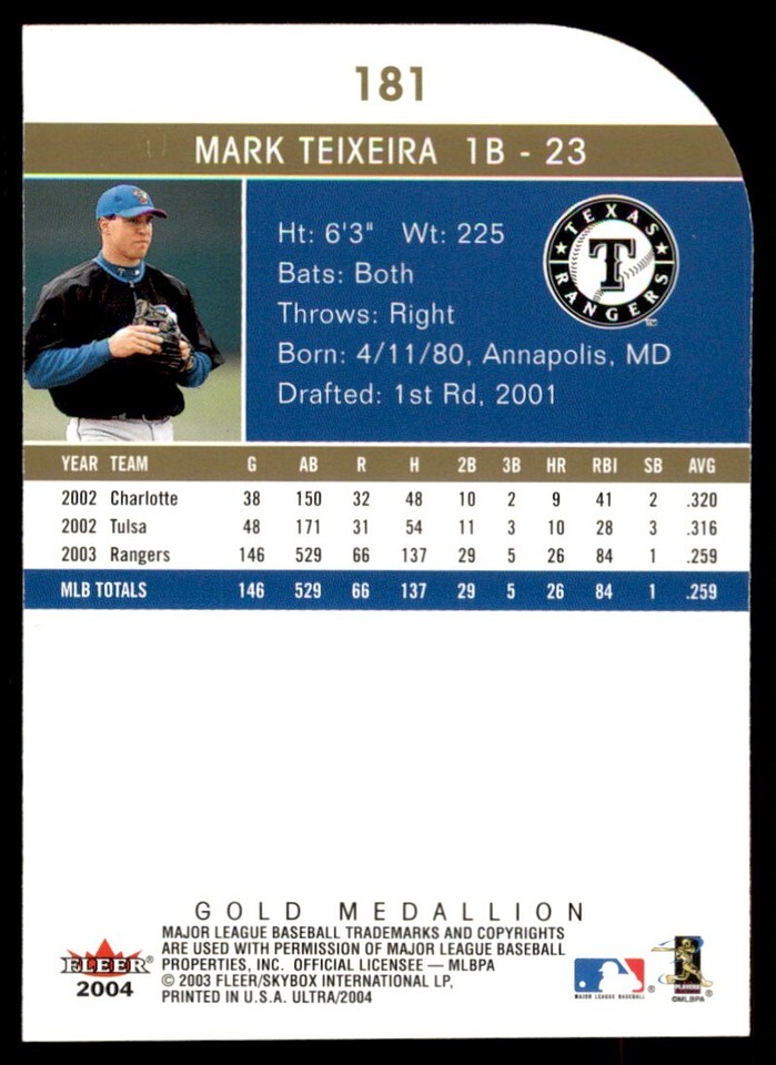 2004 Ultra Gold Medallion #181 Mark Teixeira Texas Rangers | eBay