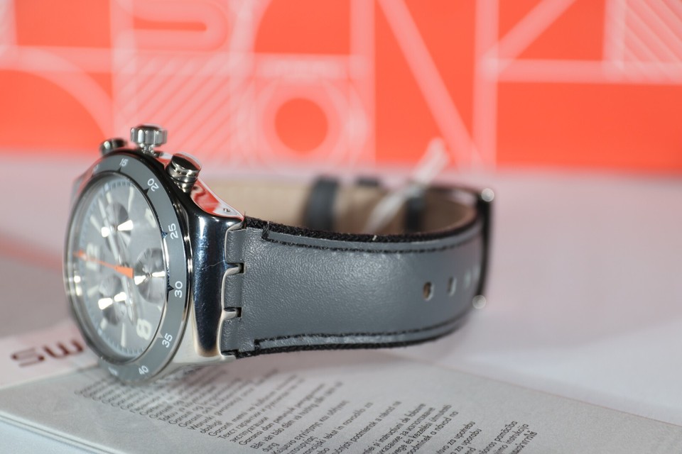 New Swiss Swatch Irony Chrono Last Round Gray Genuine Leather Watch ...