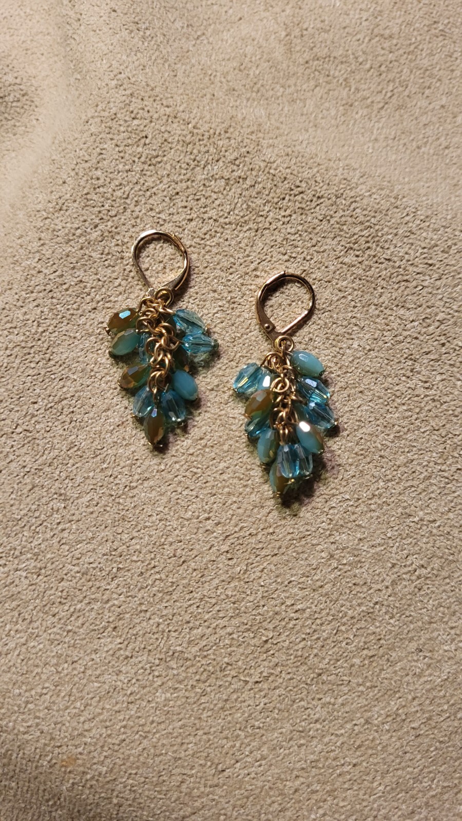 Vintage Gold-tone Blue and Tan Aurora Borealis Glass Beaded Drop Dangle ...
