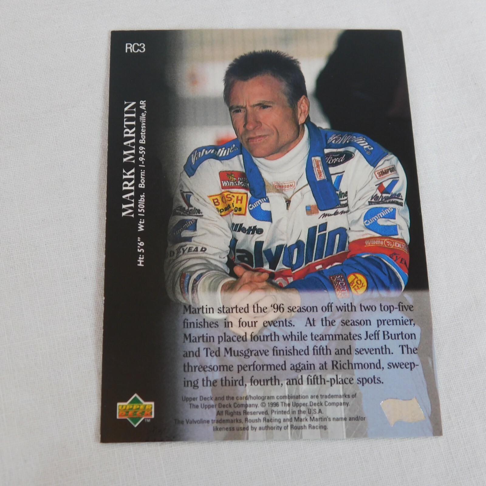 1996 Upper Deck Road To The Cup Card Mark Martin RC3 VTG Hologram ...