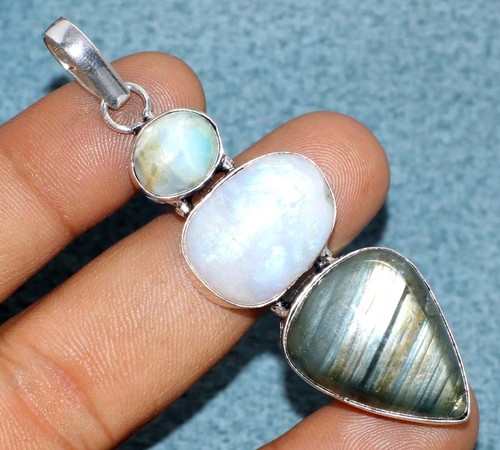 925 Silver Plated Long Fiery Labradorite Rainbow Moonstone Pendant 2.4 ...
