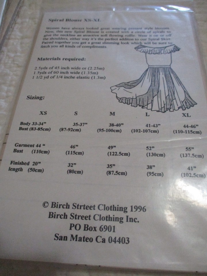 Birch Street Clothing Spiral Blouse XS-XL Uncut Sewing Pattern Boho ...