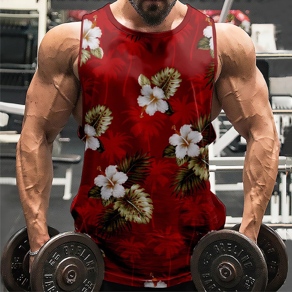 Mens Hawaiian Vest Tops Printed Hawaii Mesh Net Shirt Beach Party Gym ...