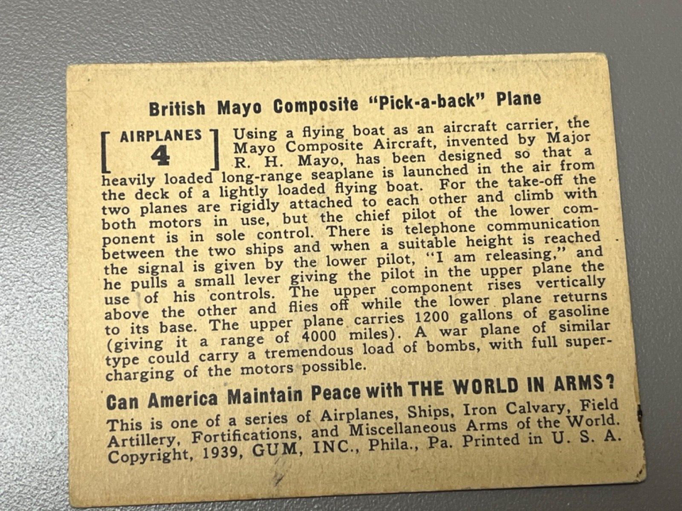 1939 World In Arms #4 British Mayo Composite Pick-a-back Plane A 4.5 ...