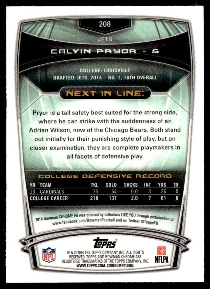 2014 Bowman Chrome Calvin Pryor Rookie New York Jets #208 | eBay