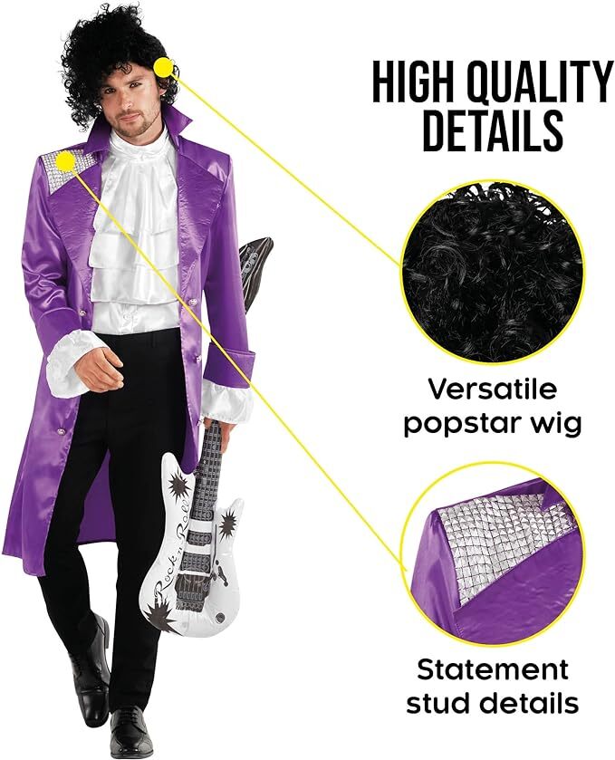 Men`s Prince Costume Adult Purple Rain Pop Star Jacket Wig Guitar Fancy ...