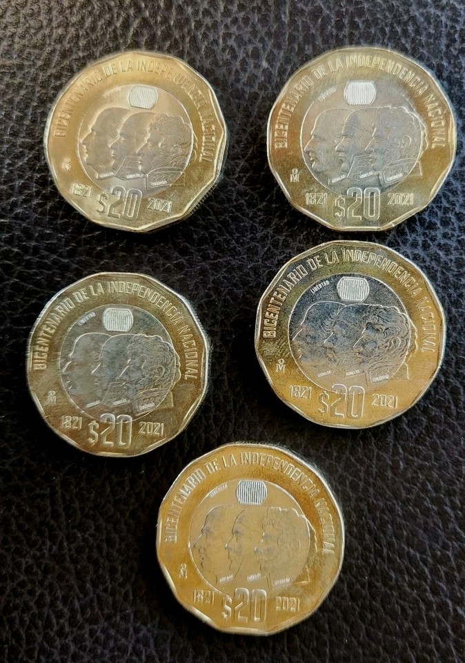 Lot 5 MEXICO 20 PESOS COIN MONEDAS 2021 BICENTENARIO INDEPENDENCIA ...