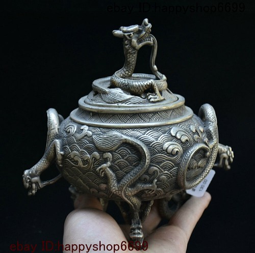 Antique China Silver Dragon Loong Beast Incense Burner Censer Incensory ...