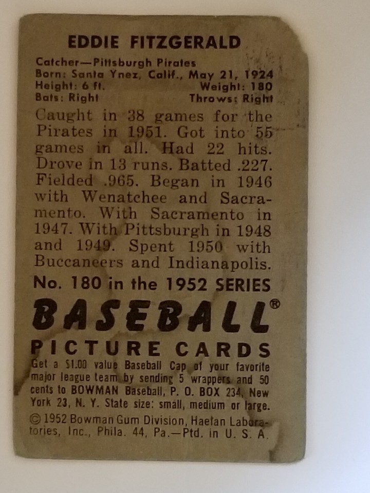 1952 Bowman Eddie Ed Fitzgerald #180 Poor (creases) Baseball Card Good ...