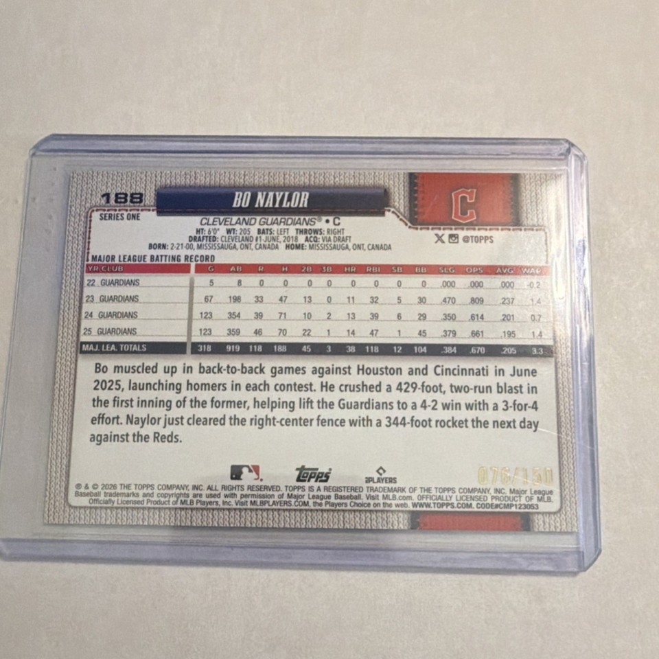 Topps Serial #188 Bo Naylor Guardians 2026 Series One /150 MLB Baseball ...