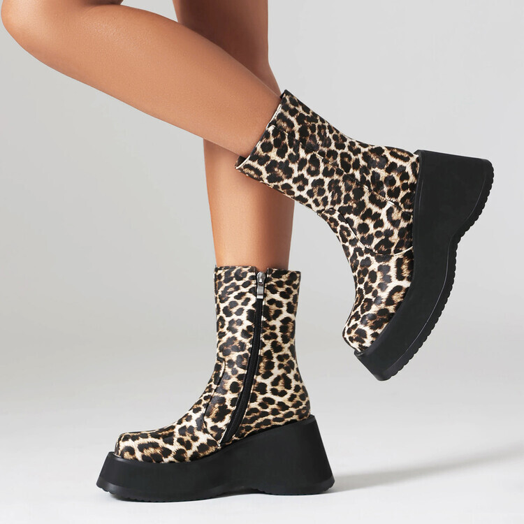 Women's Fashion Leopard Print Platform Wedge Heel Bootie Ankle Boots ...