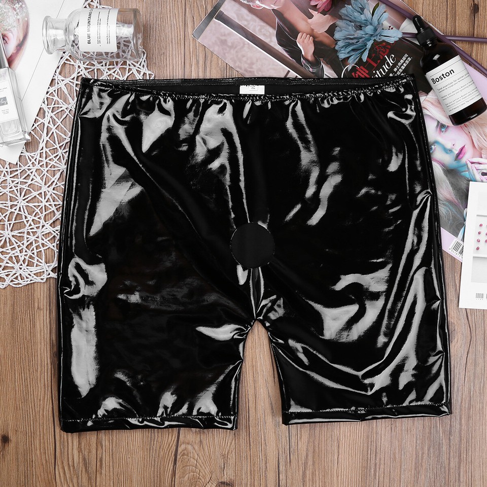 Men Metallic PVC Leather Short Open Front Boxer Short Trunks Underwear ...