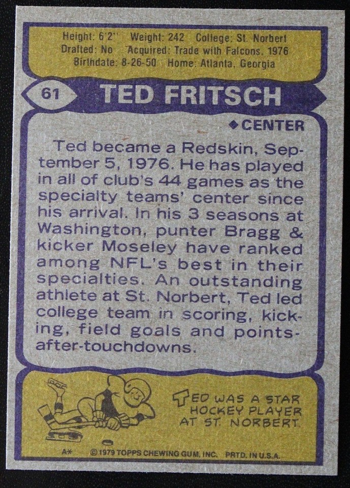 1979 Topps Ted Fritsch #61 NFL Football Sports Card Washington Redskins ...