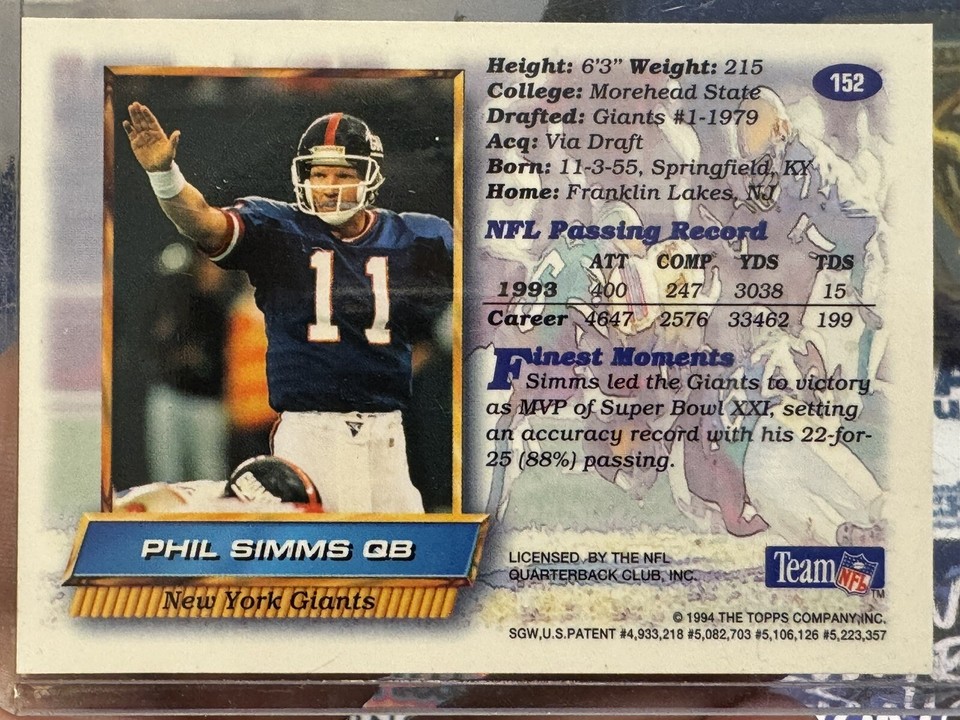 1994 Topps Finest Phil Simms QB NY New York Giants HOF Card #152 | eBay
