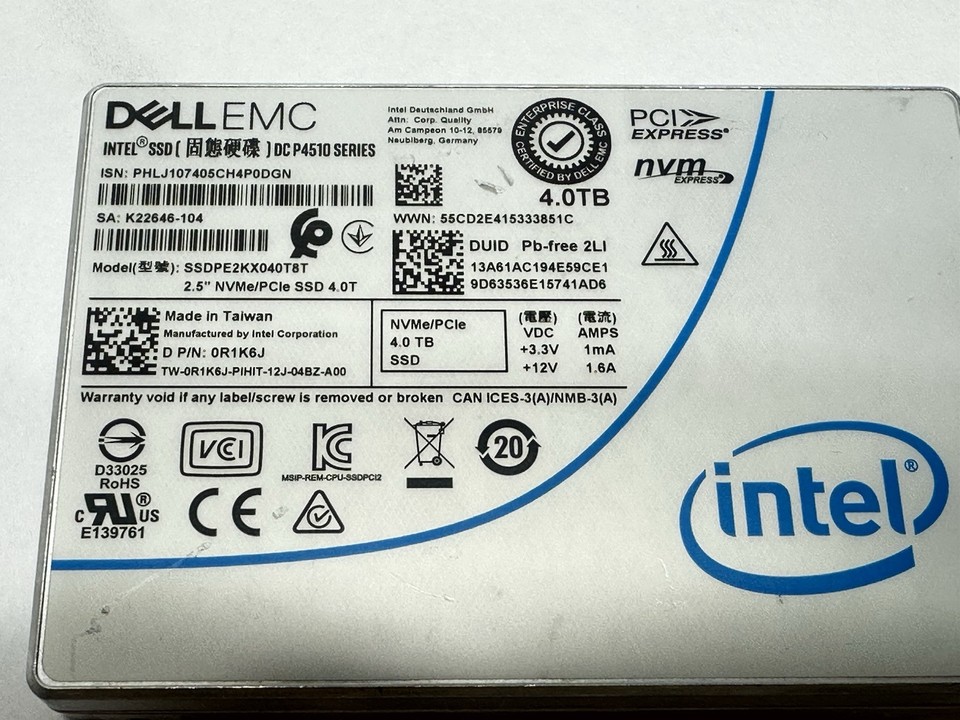 Dell Intel DC P4510 4TB 2.5 NVME U.2 SSD Solid State Drive R1K6J 95% ...