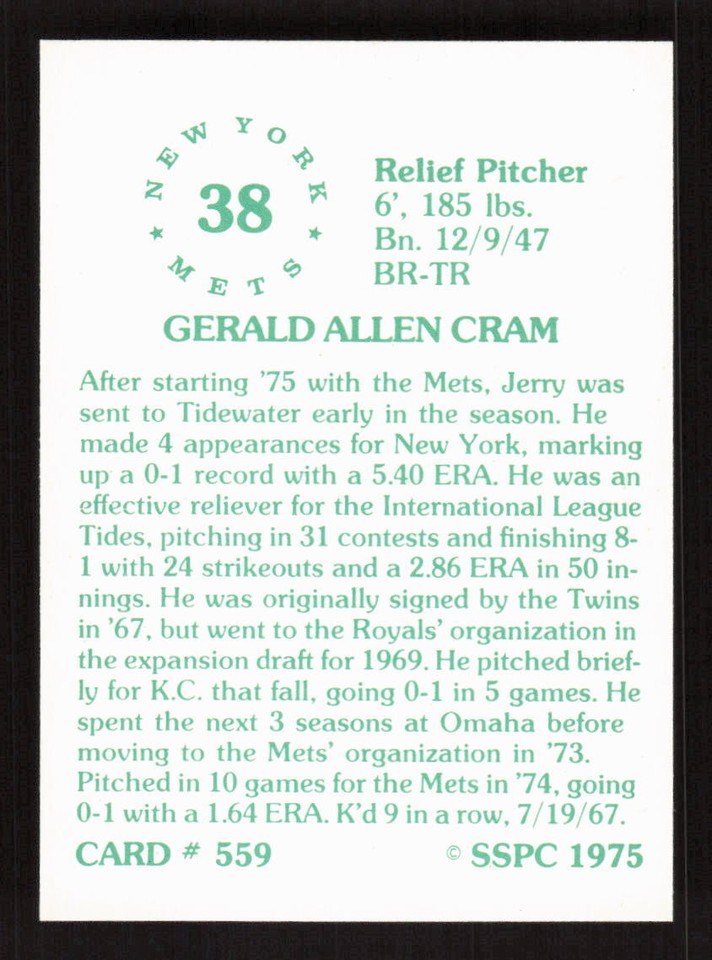 1975 SSPC Set-Break #559 Jerry Cram New York Mets | eBay