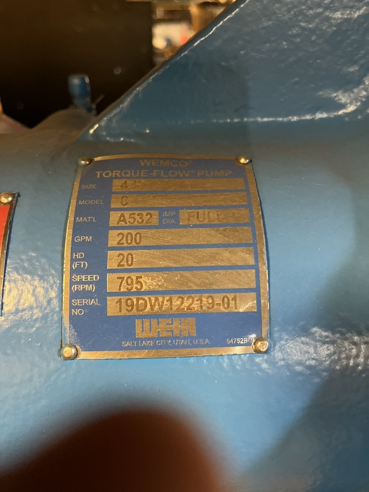 WEMCO,4X3X14,MODEL C TORQUE FLOW CENTRIFUGAL PUMP NI HARD/CHROME ...