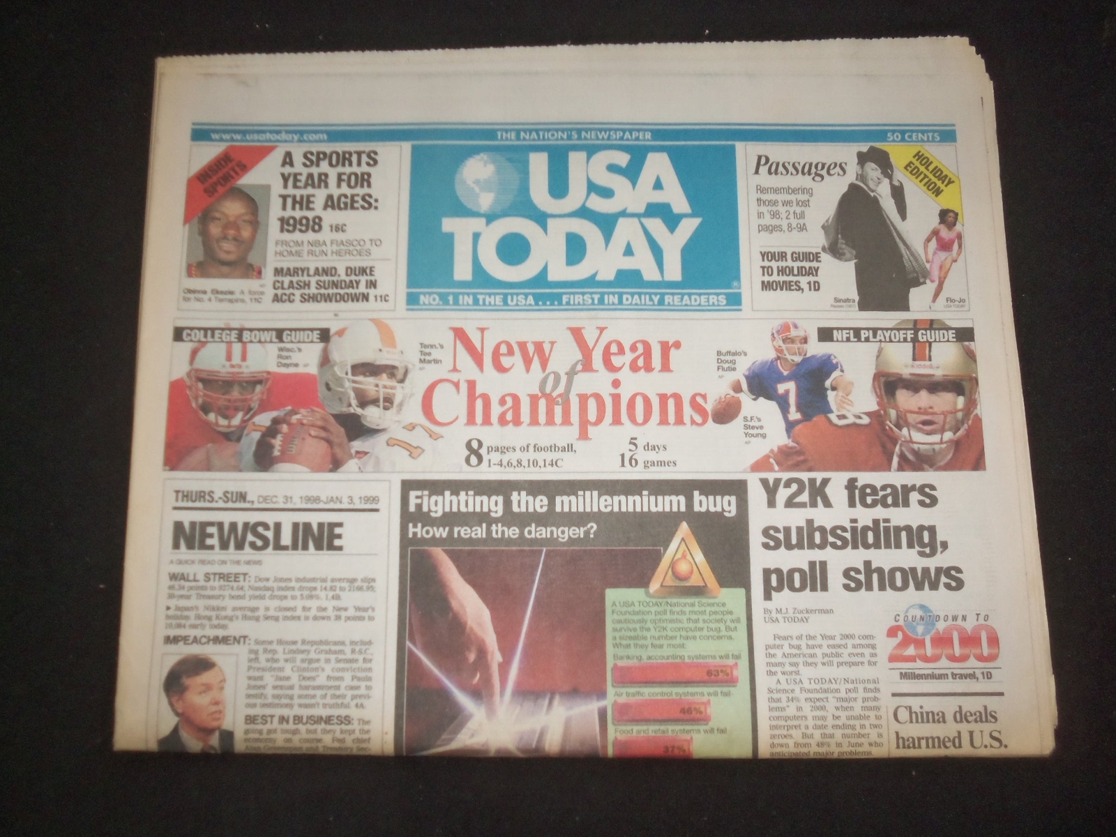 1998 DEC 31 - 1999 JAN 3 USA TODAY NEWSPAPER - Y2K FEARS SUBSIDING - NP ...
