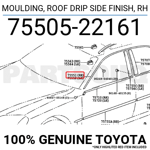 7550522161 Genuine Toyota MOULDING, ROOF DRIP SIDE FINISH, RH 75505 ...