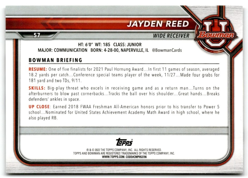 2021 Bowman University Jayden Reed Michigan State Spartans #57 | eBay