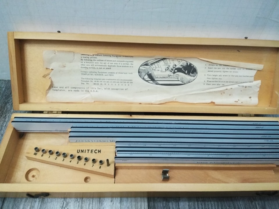 VTG. Lettering Set Drafting Kit Wood Case Templates Unitech Engineering ...