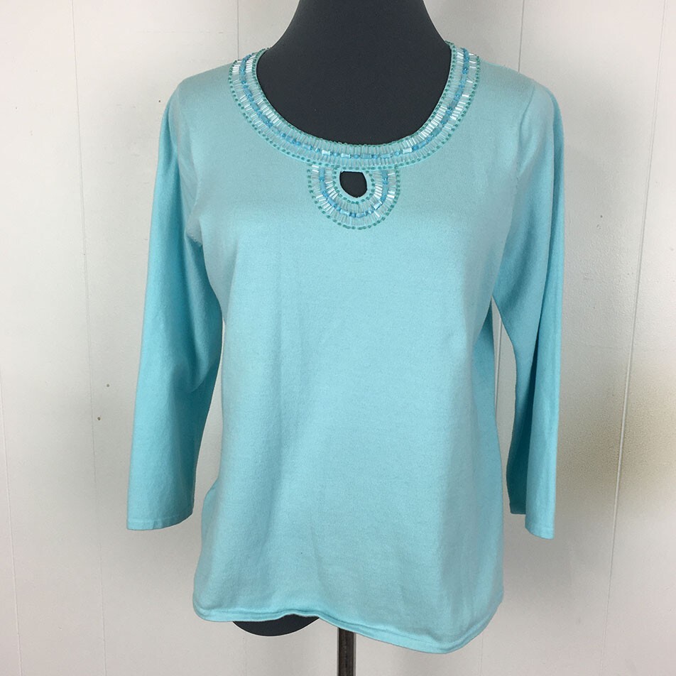 Susan Bristol Sweater Women M Aqua Blue Cotton Beaded Pullover 56x22 | eBay