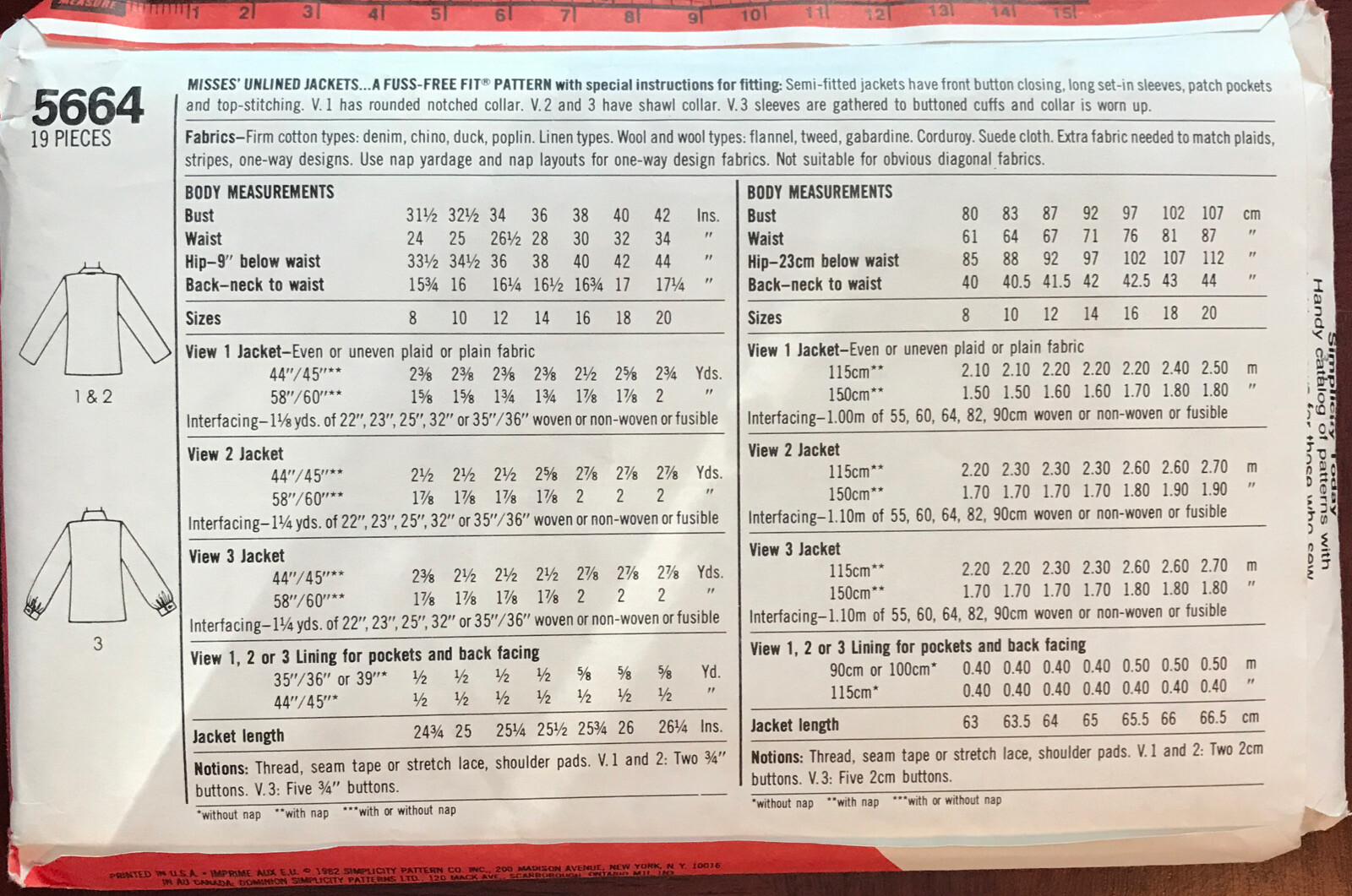 Simplicity 5664 Sewing Pattern Size16 Uncut 1982 Jacket Plaid Fuss Free ...