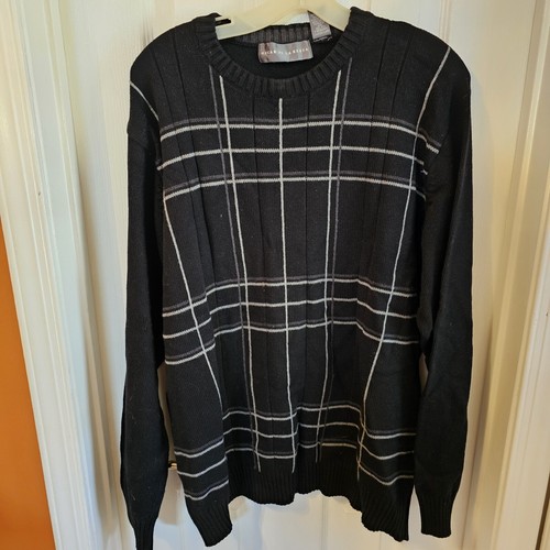 Oscar de La Renta XL 100% Cotton Sweater Black Window Pane Check Crew ...