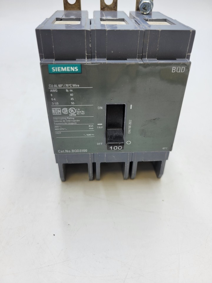 Siemens BQD3100 Bolt-On Circuit Breaker 100A 480Y/277V 3P 3PH BQD 100 ...