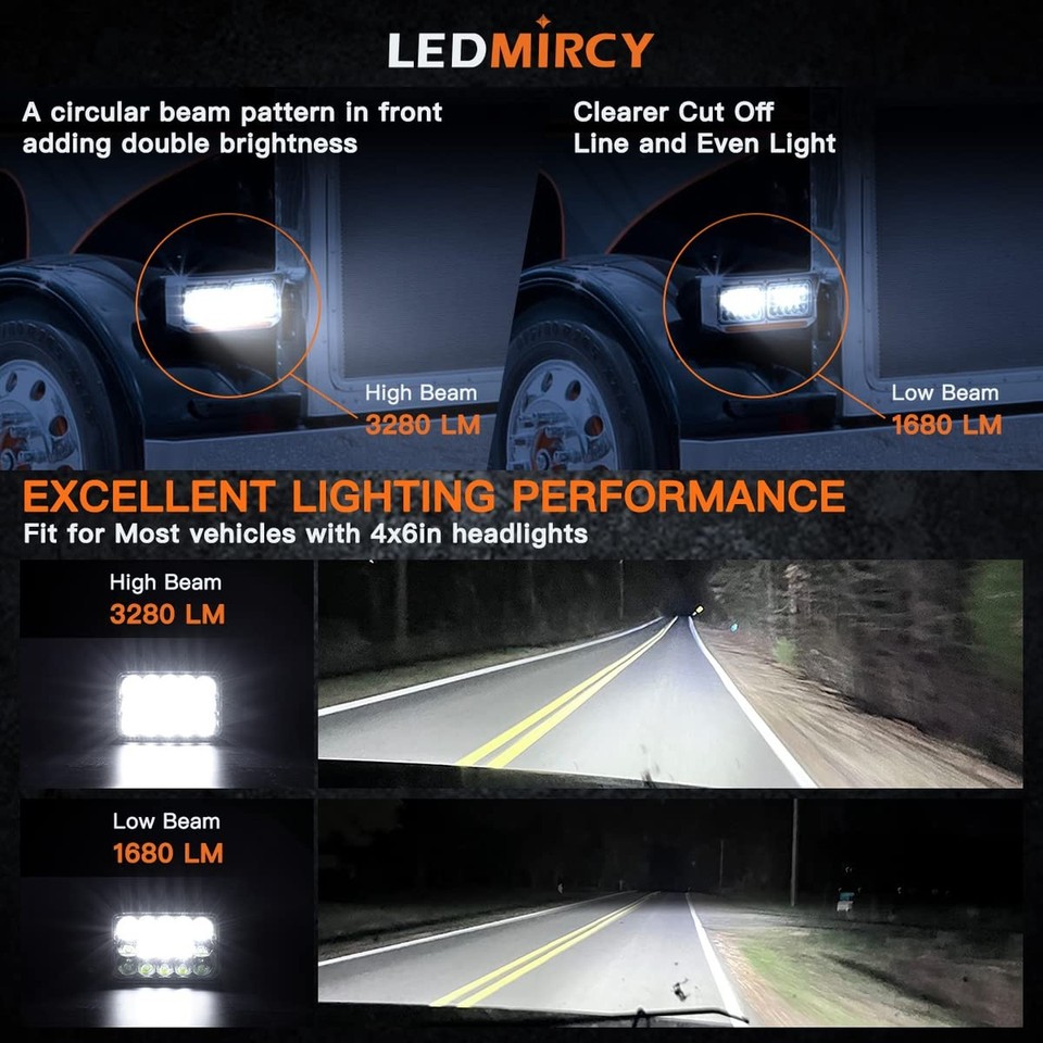 LEDMIRCY 4x6 Inch LED Lights High Low Sealed Beam Rectangular LED Light ...