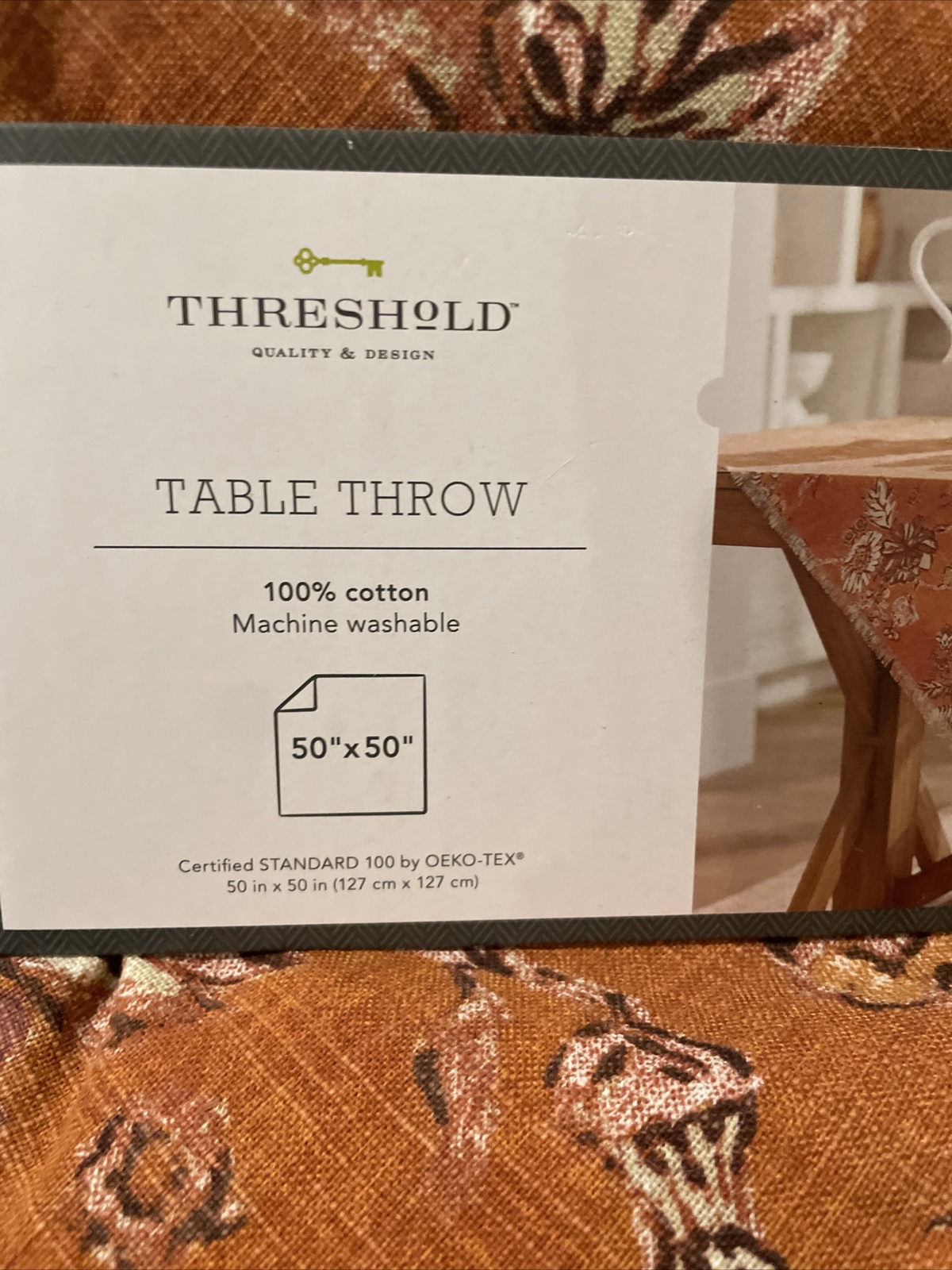 Threshold Table Throw 50x50 Terra-cotta Brown Floral With Fringe Edges ...