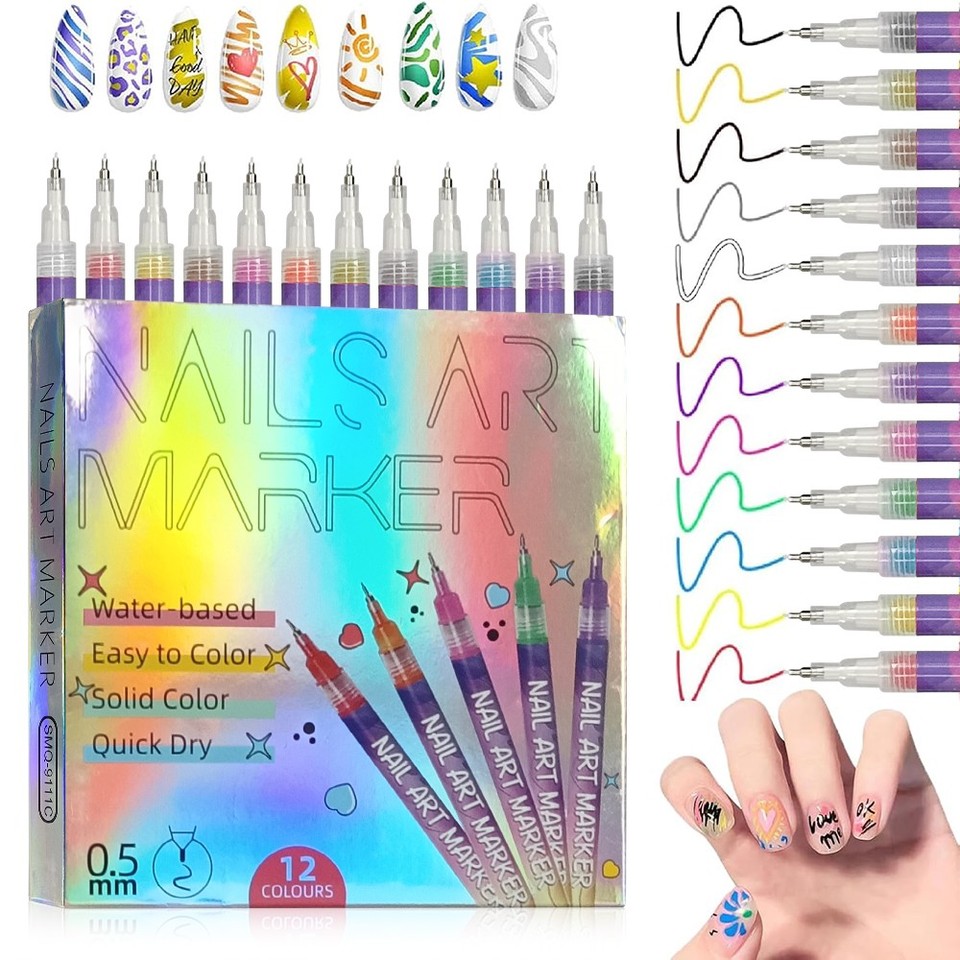 12 Colors Nail Art Drawing Pens Set, Nail Art Markers Polish Pen for 3D ...
