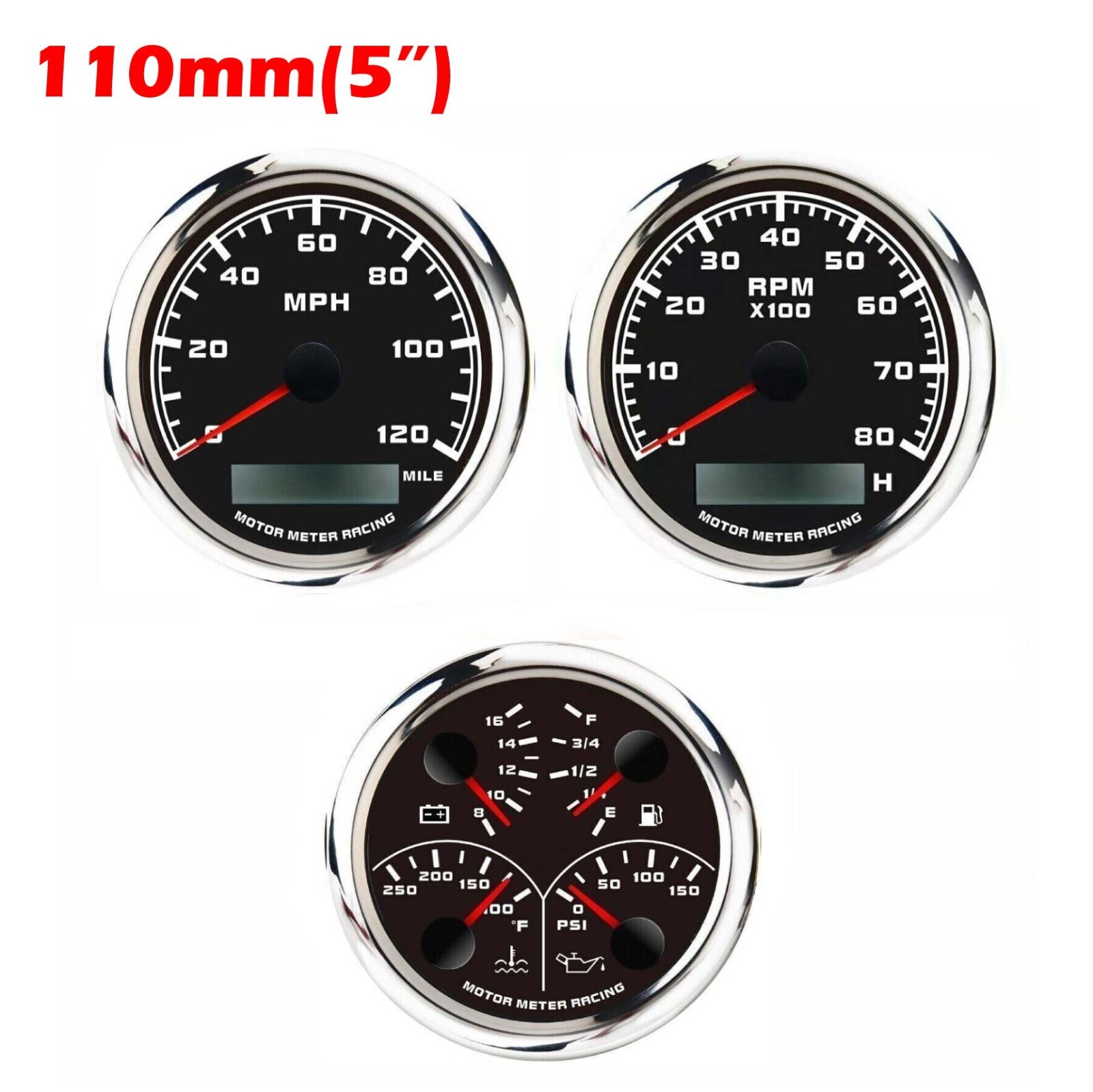 W PRO 110mm 3 Gauge Set GPS Speedometer 120 MPH Waterproof For Car ...