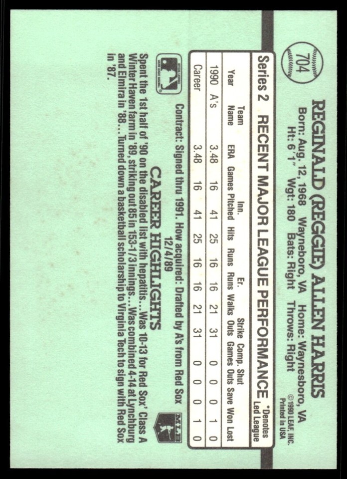 1991 Donruss Baseball Card Reggie Harris Oakland Athletics #704 | eBay