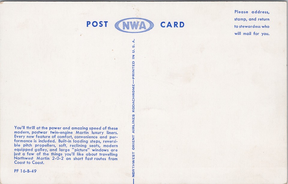 Northwest Airlines Martin 2-0-2's NWA Advertising Unused Postcard G11 ...