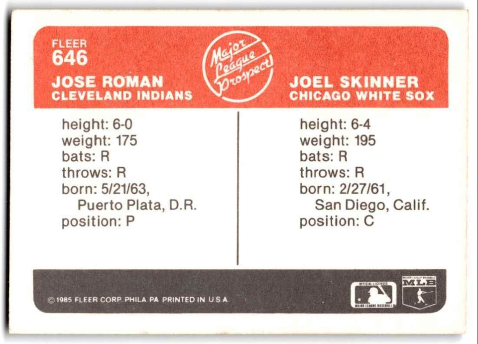 1985 Fleer Jose Roman/Joel Skinner Rookie Cleveland Indians/Chicago ...