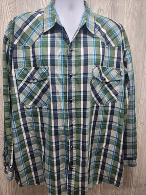 Key Mens 2XL Pearl Snap Long Sleeve Blue Green Plaid Western Button Up ...