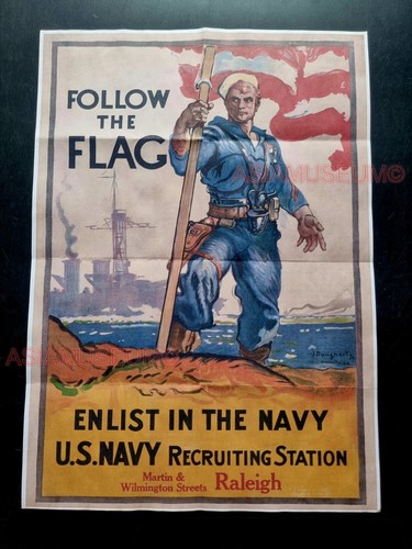 1943 WW2 USA AMERICA NAVY RECRUIT ENLIST FLAG RALEIGH WAR PROPAGANDA ...